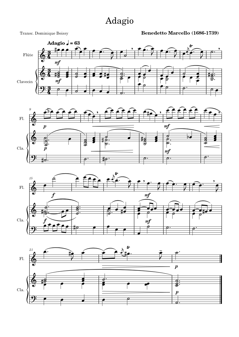 Adagio - Benedetto Marcello Sheet music for Harpsichord, Flute (Piano ...