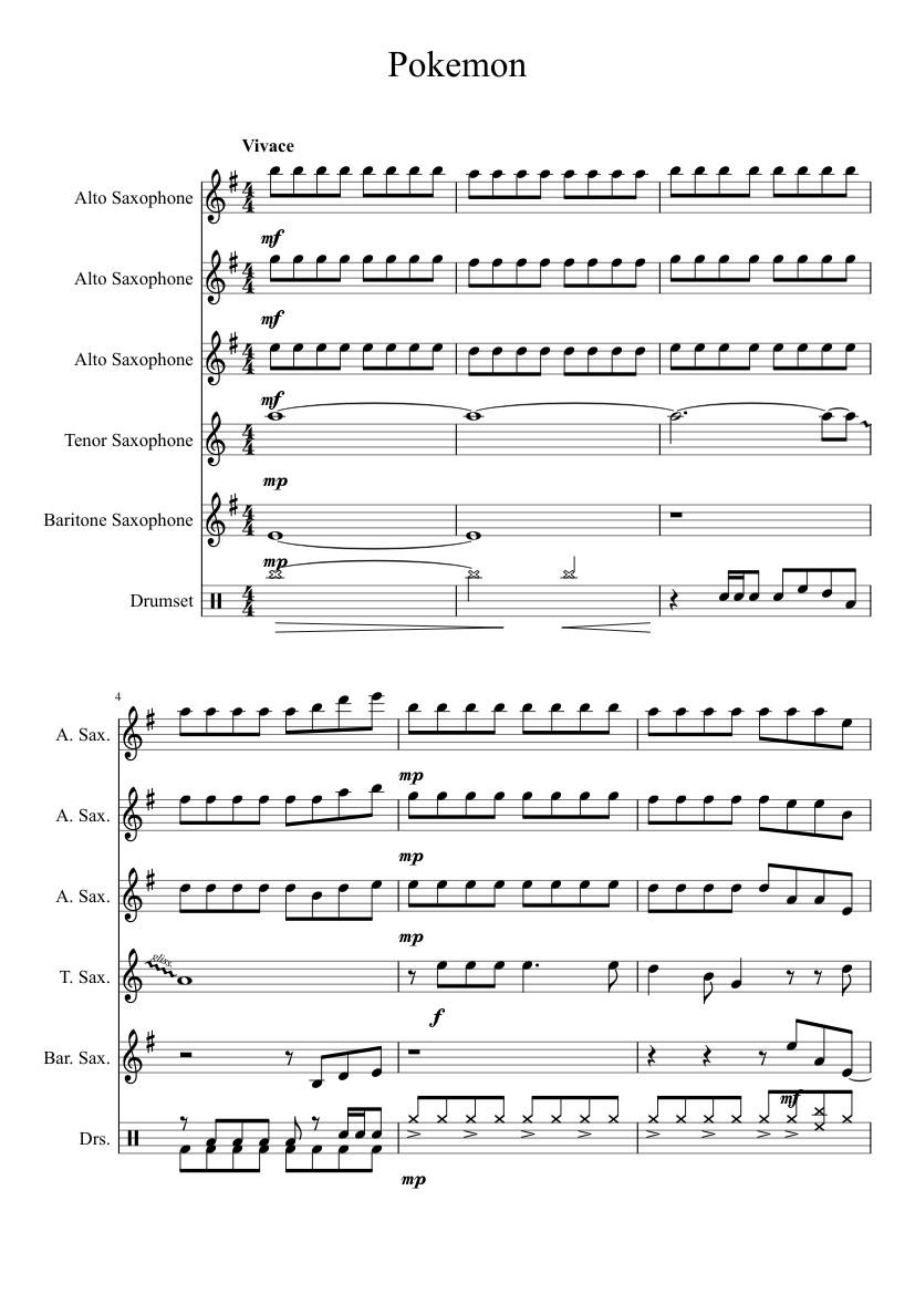 Pokemon Theme for Sax Quintet and Drums Sheet music for Saxophone alto ...