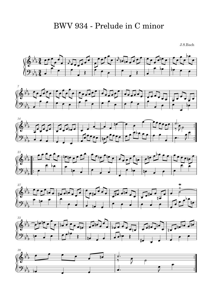 BWV 934 - Prelude in C minor Sheet Music for Piano (Solo) easy | MuseScore.com