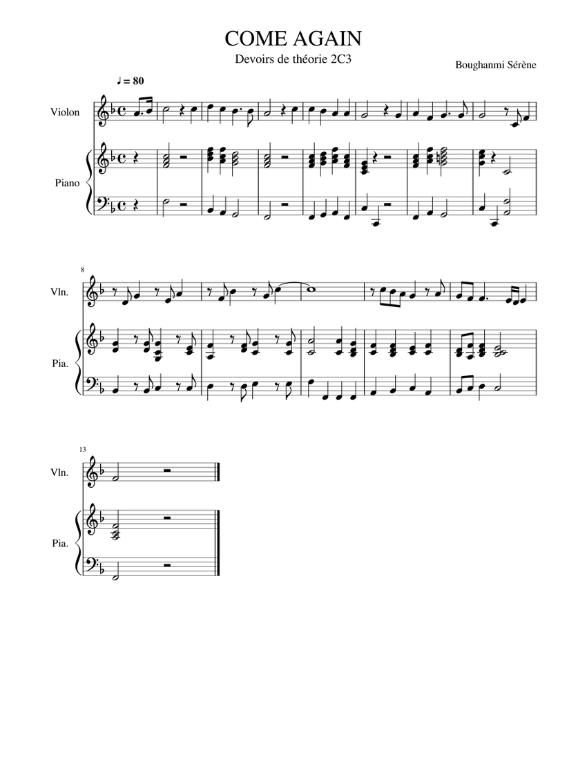 COME AGAIN Sheet music for Piano, Violin (Solo) | Musescore.com