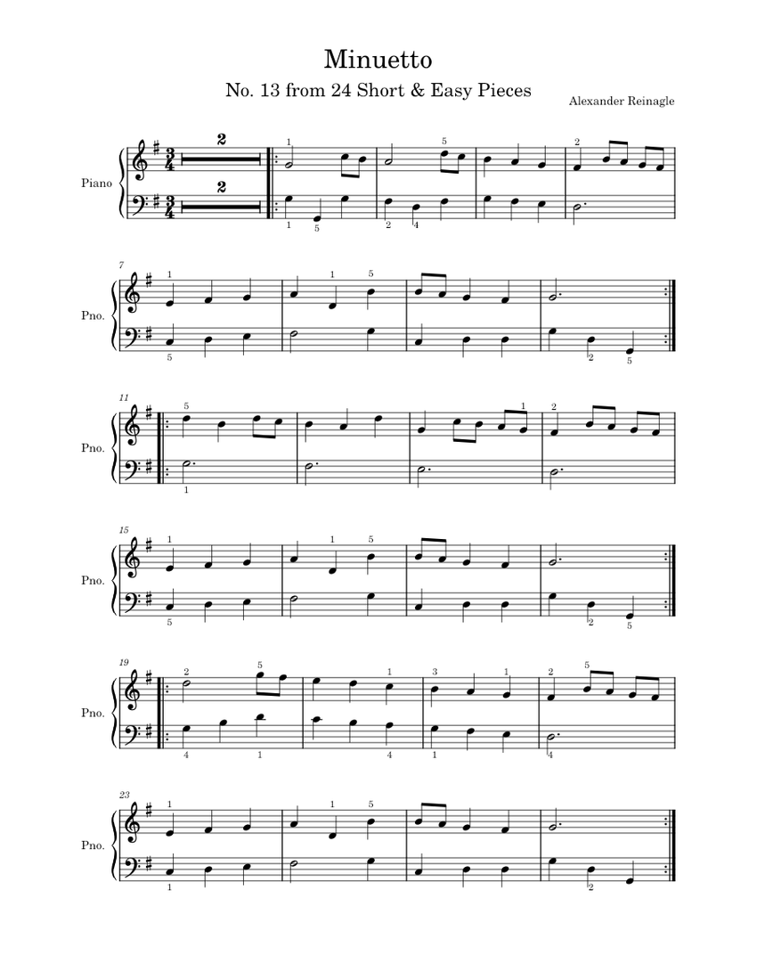Minuetto - No. 13 From 24 Short And Easy Pieces – Alexander Reinagle ...