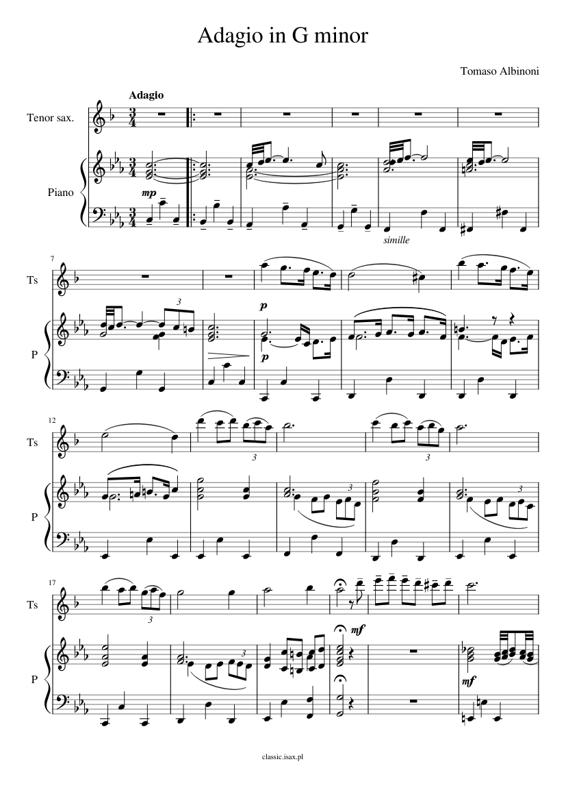 Adagio in g minor – Tomaso Albinoni Sheet music for Piano, Saxophone ...