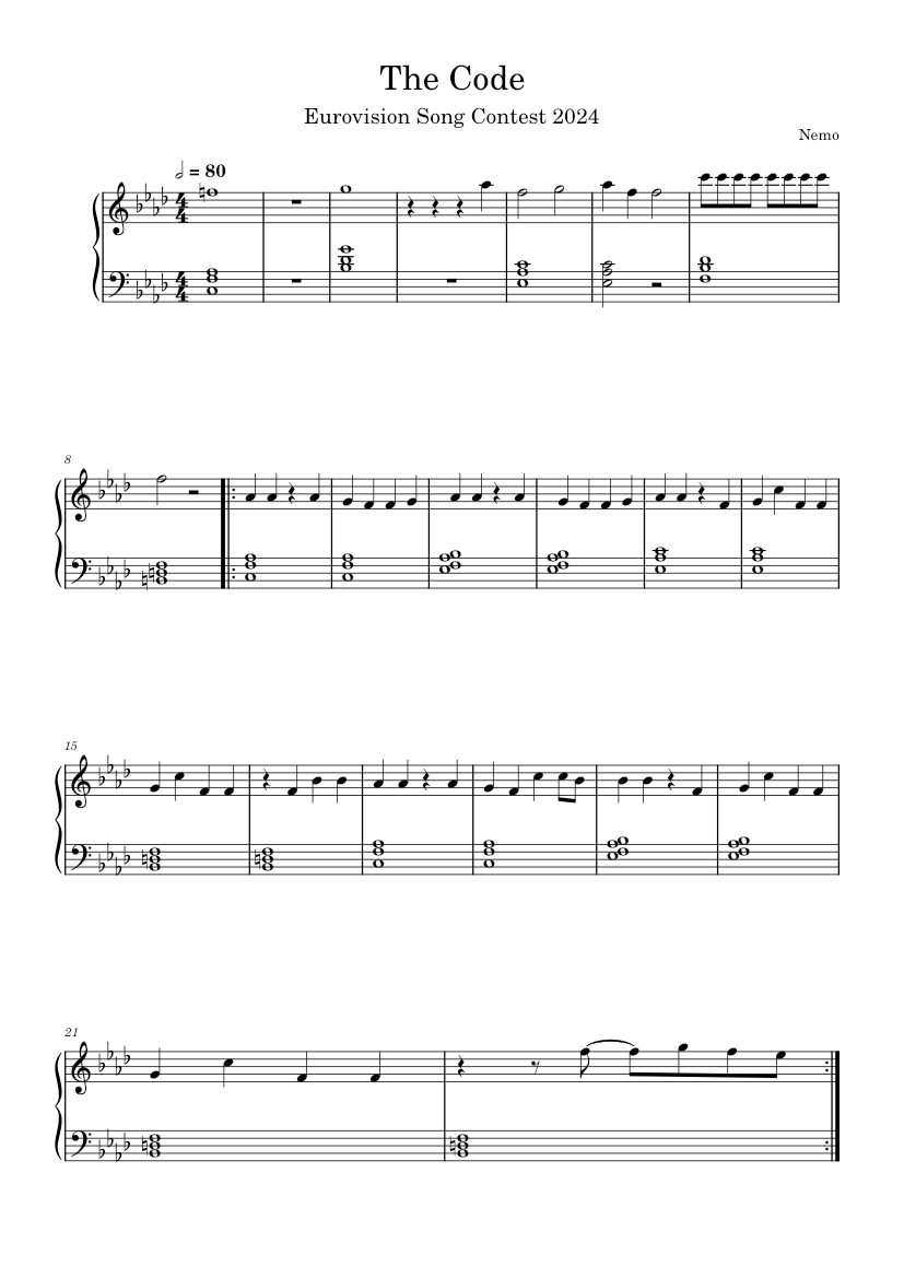 The Code by NEMO - ESC 2024 Sheet Music for Piano (Solo) Easy | MuseScore.com