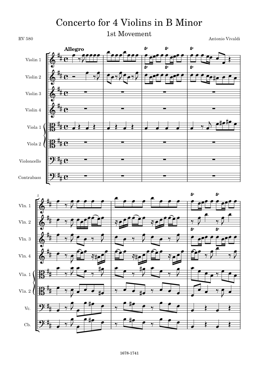 Concerto for 4 Violins in B Minor, RV 580, 1st Movement – Antonio Vivaldi Sheet Music for ...