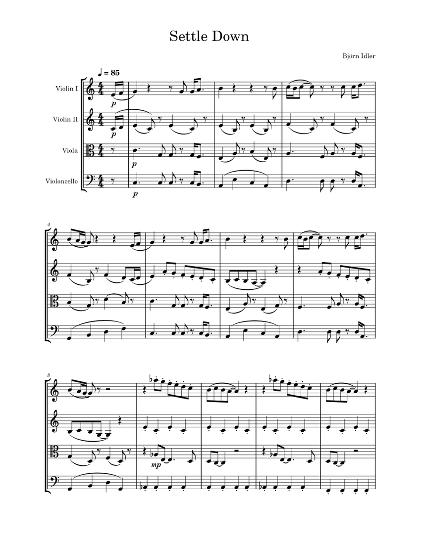 Settle Down Sheet music for Violin, Viola, Cello (String Quartet ...