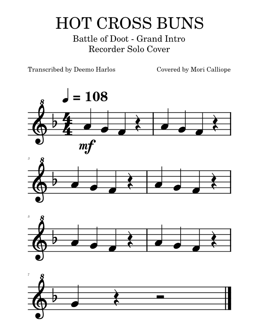 Hot Cross Buns (Recorder Solo Cover by Mori Calliope) Sheet music for ...