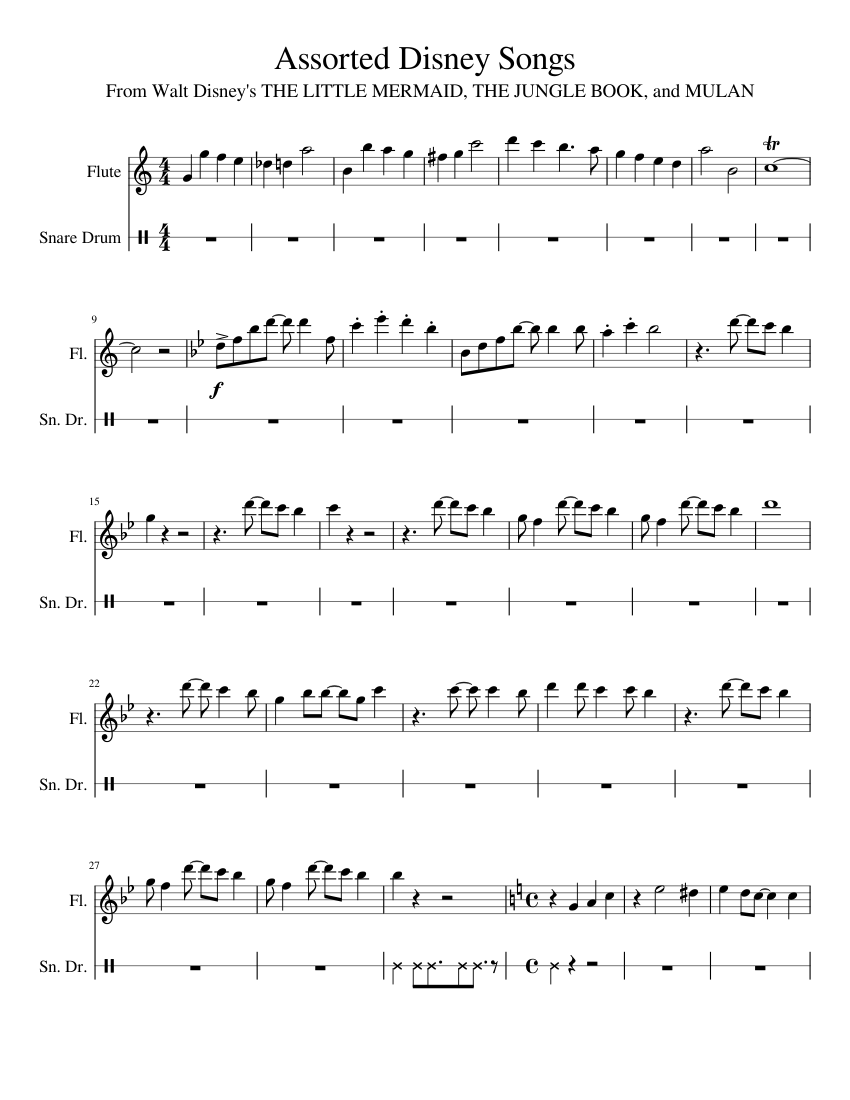 Assorted Disney Songs Sheet music for Piano, Flute, Snare drum (Mixed ...