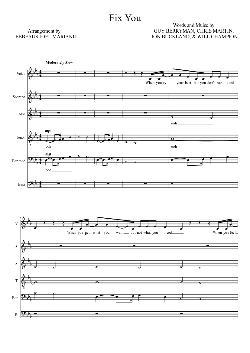 "Fix You" by Coldplay Sheet music for Bass guitar, Voice (other) (Mixed ...