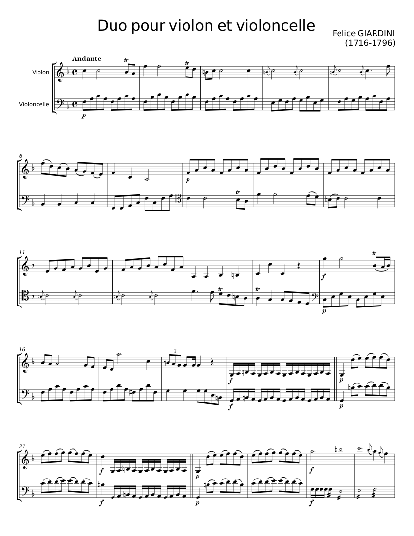 Duo pour violon et violoncelle - Felice GIARDINI Sheet Music for Violin, Cello (Mixed Quartet ...