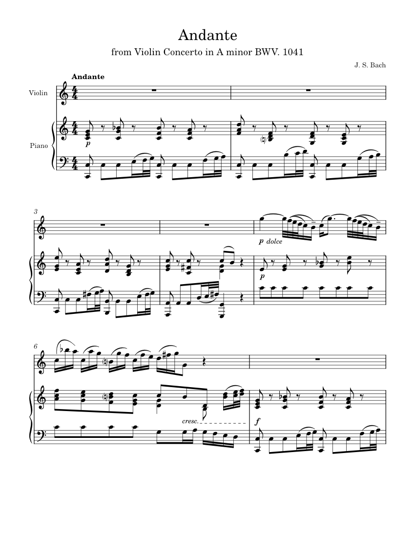 Violin Concerto in A minor, BWV 1041 II. Andante – J.S. Bach Sheet ...