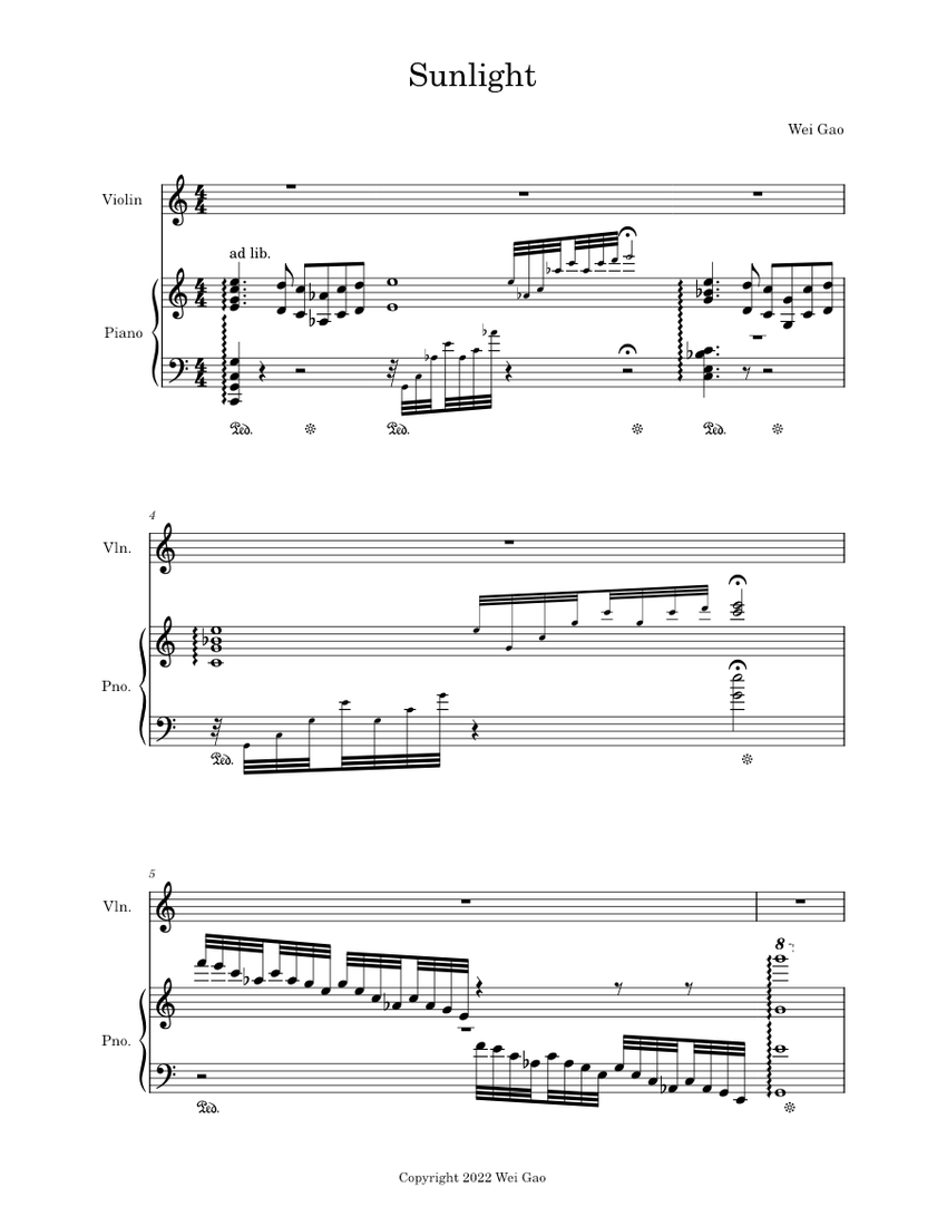 Sunlight Sheet music for Piano, Violin (Solo) | Musescore.com