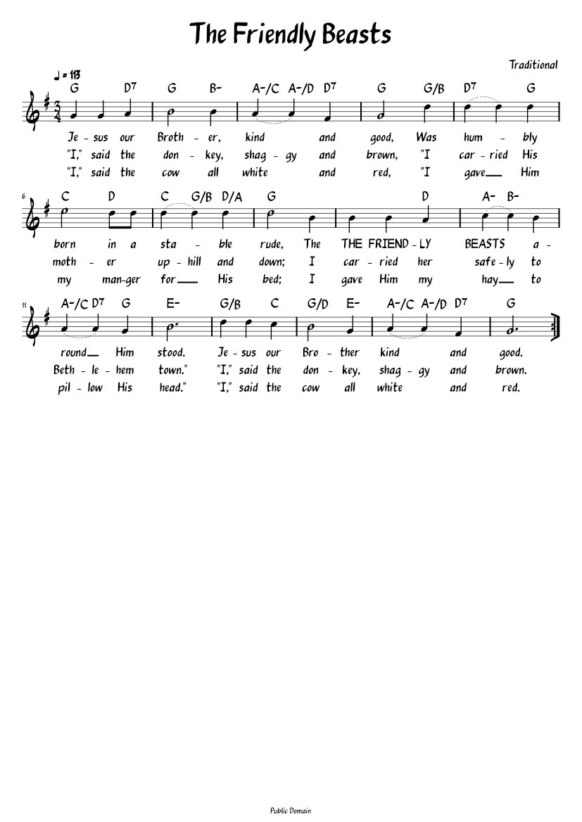 The Friendly Beasts (Lead sheet with lyrics ) Sheet music for Piano ...