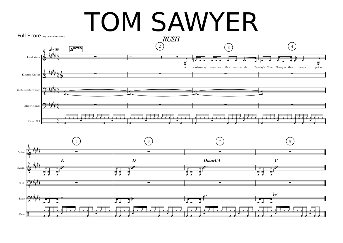 Tom sawyer – Rush Sheet music for Guitar, Bass guitar, Drum group, Synthesizer (Mixed Quintet ...
