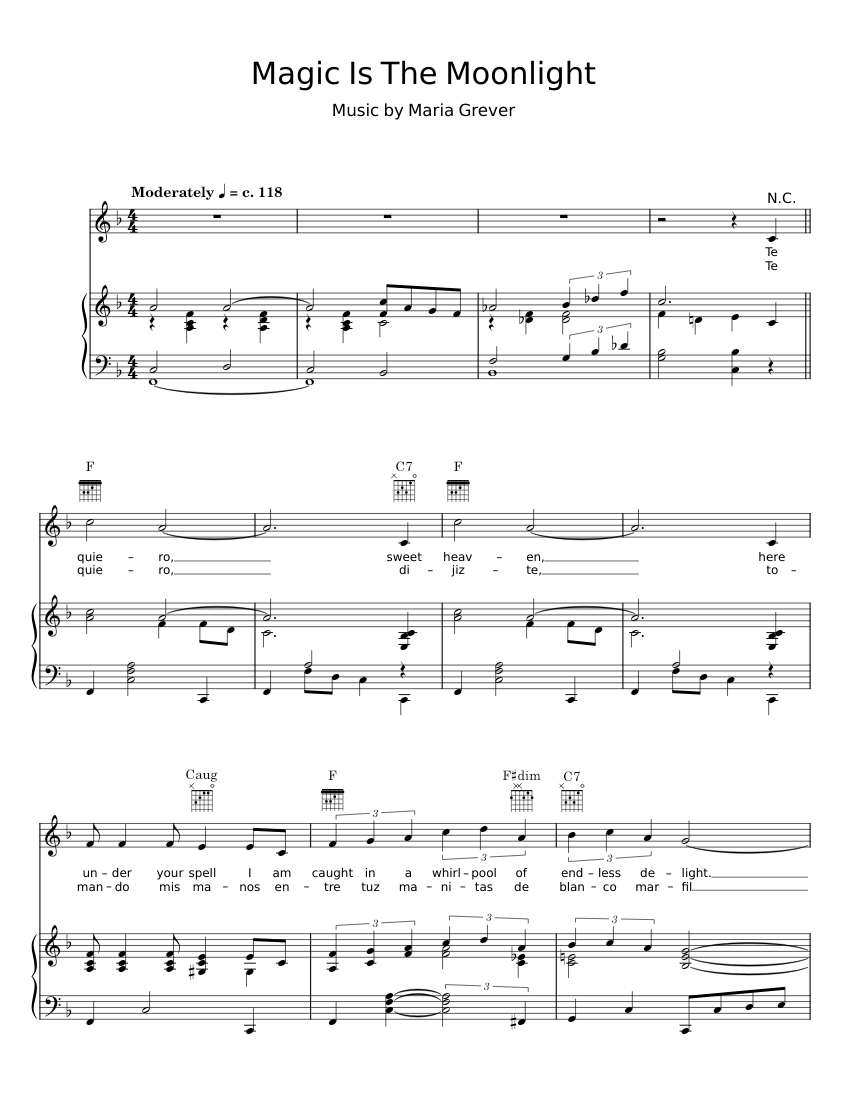 Magic Is The Moonlight - Maria Grever Sheet Music with Chords for Piano ...