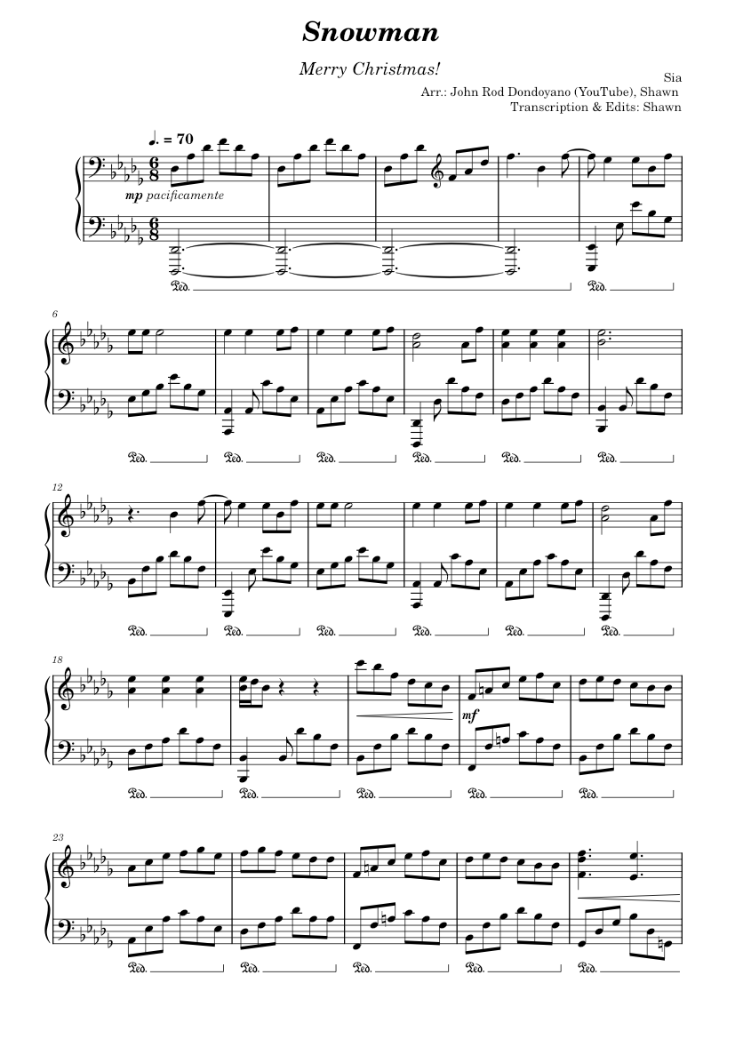Snowman – Sia (Christmas Special) Sheet Music for Piano (Solo ...