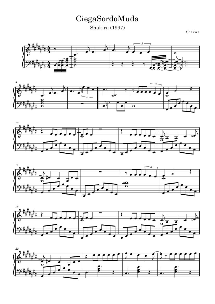 Ciega sordomuda – Shakira Sheet Music for Piano (Solo) Easy | MuseScore.com
