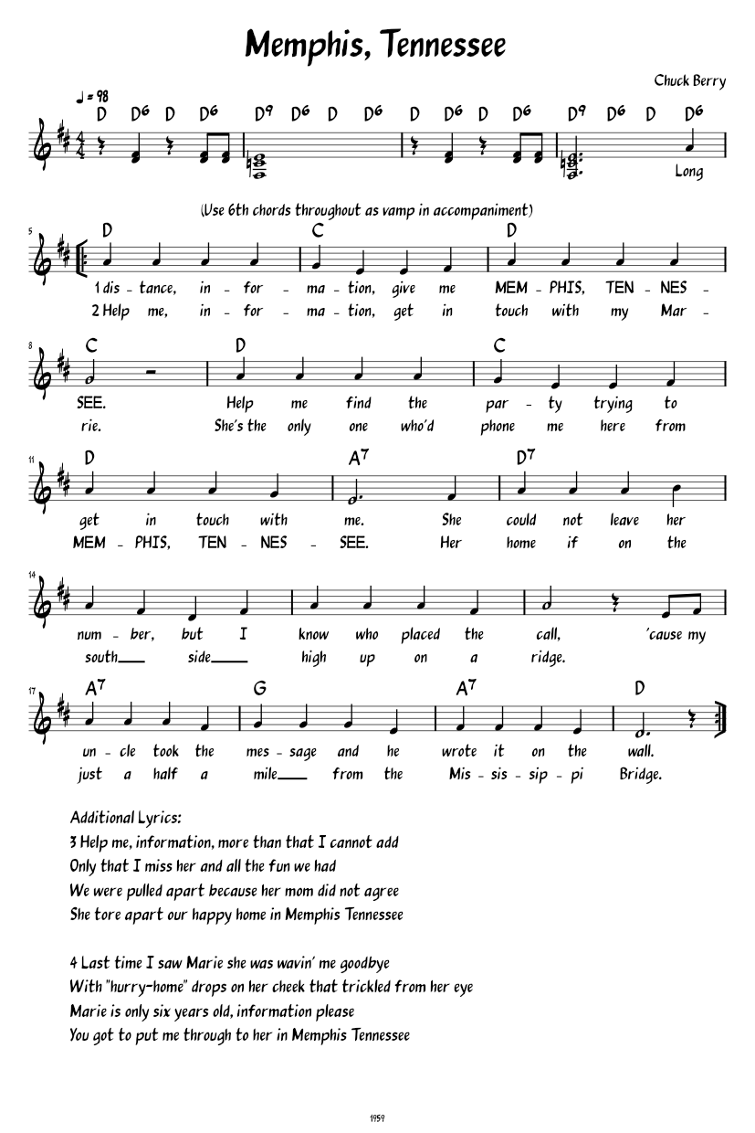 Memphis, Tennessee (Lead sheet with lyrics ) Sheet Music with Chords ...