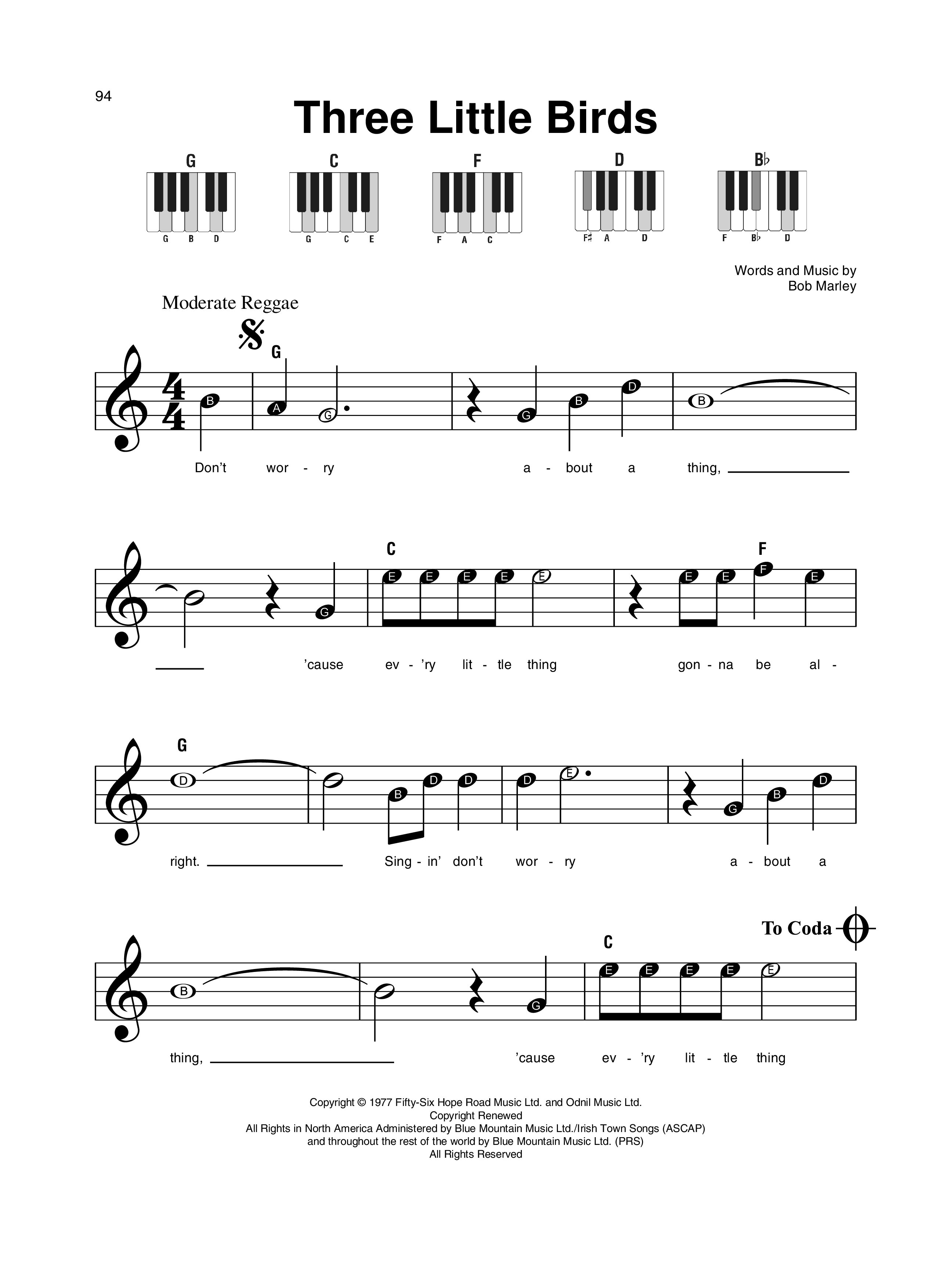 Play Official version of Three little birds Sheet Music by Bob Marley ...