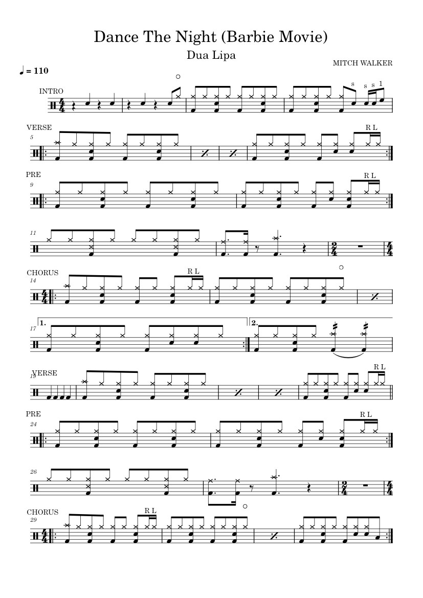 Dance The Night - Dua Lipa (Barbie Movie Drum Score) Sheet Music for ...