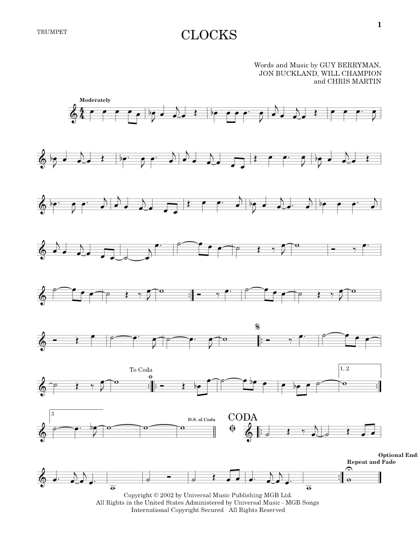 Play Official version of Clocks Sheet Music by Coldplay for Trumpet ...