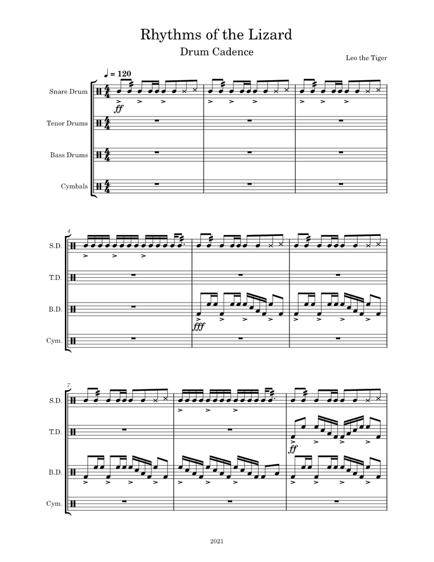 Rhythms of the Lizard (Drum Cadence) Sheet music for Snare drum, Crash ...