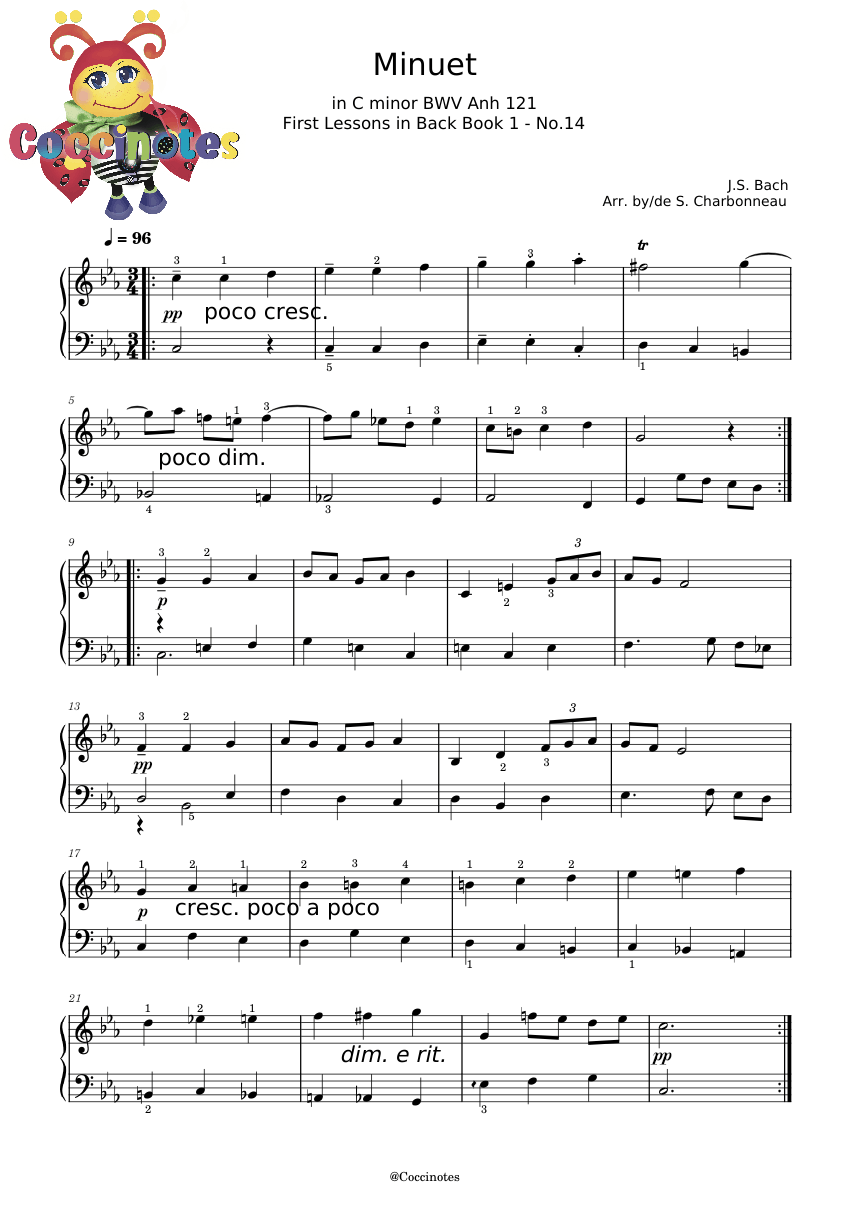 MINUET in C minor - First lessons in Bach - Book 1 No.14 Sheet music for Piano (Solo) Easy ...