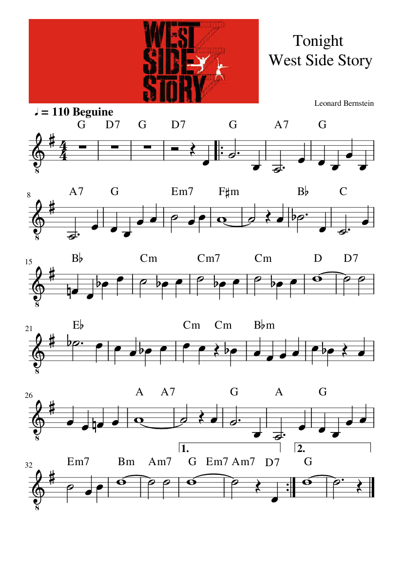 Tonight West Side Story Sheet Music with Chords for Guitar (Solo ...
