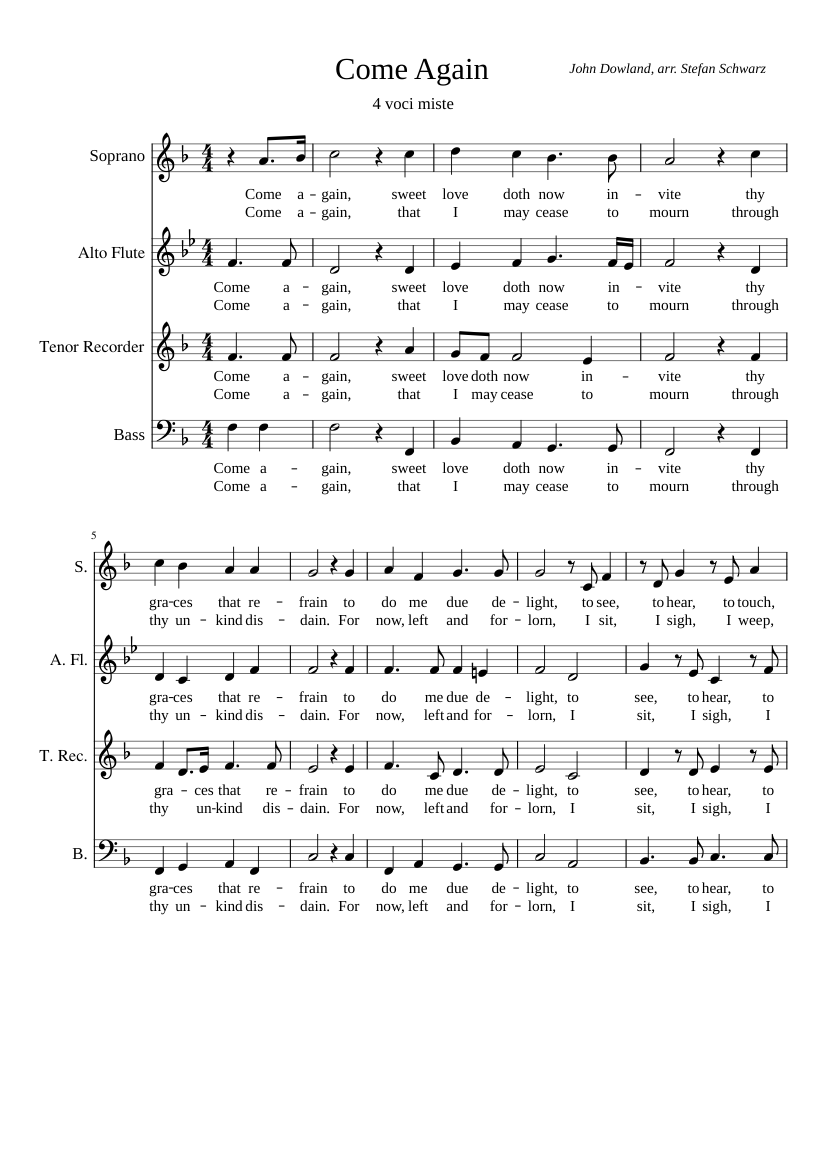 Come_Again_di_John_Dowland Sheet music for Bass guitar, Flute alto ...