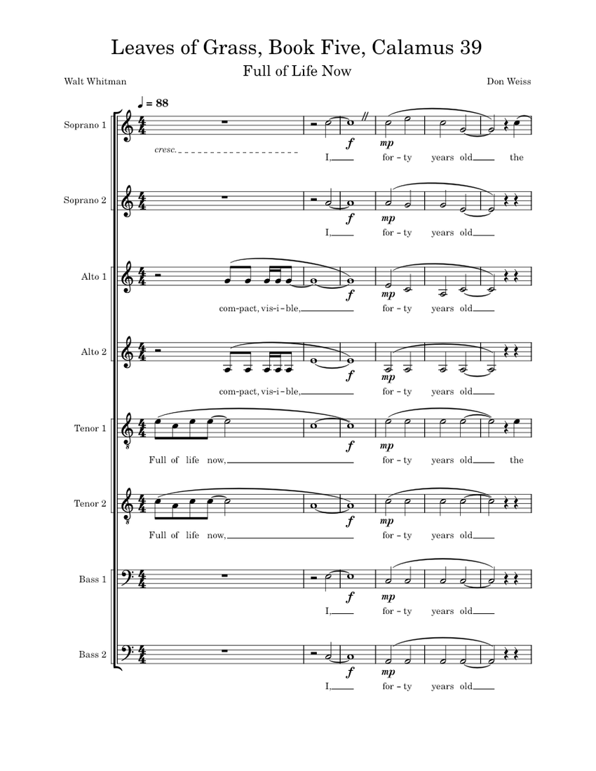Leaves of Grass, Book Five, Calamus 39 Sheet music for Soprano, Alto ...