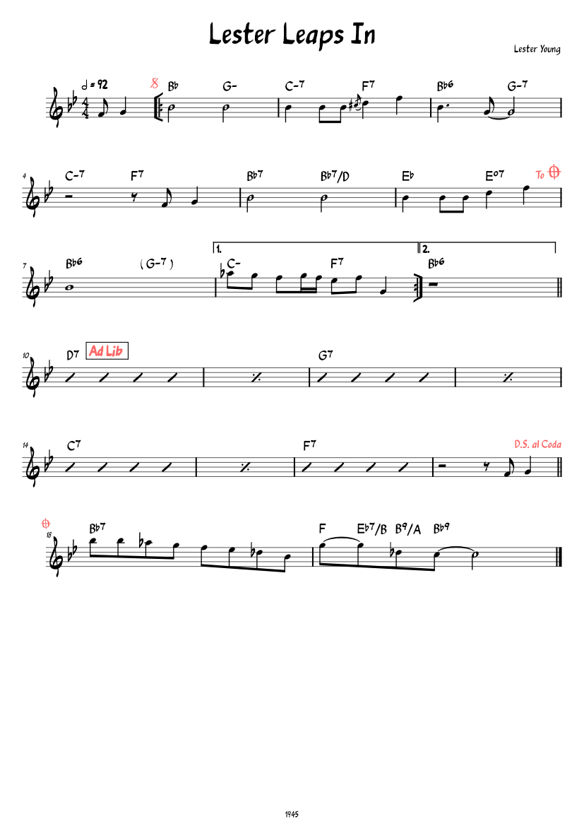 Lester Leaps In (Lead sheet ) Sheet Music with Chords for Piano (Solo) Easy | MuseScore.com