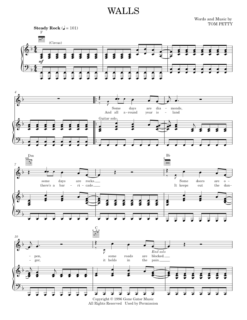 Play Official version of Walls sheet music by Tom Petty for Piano ...