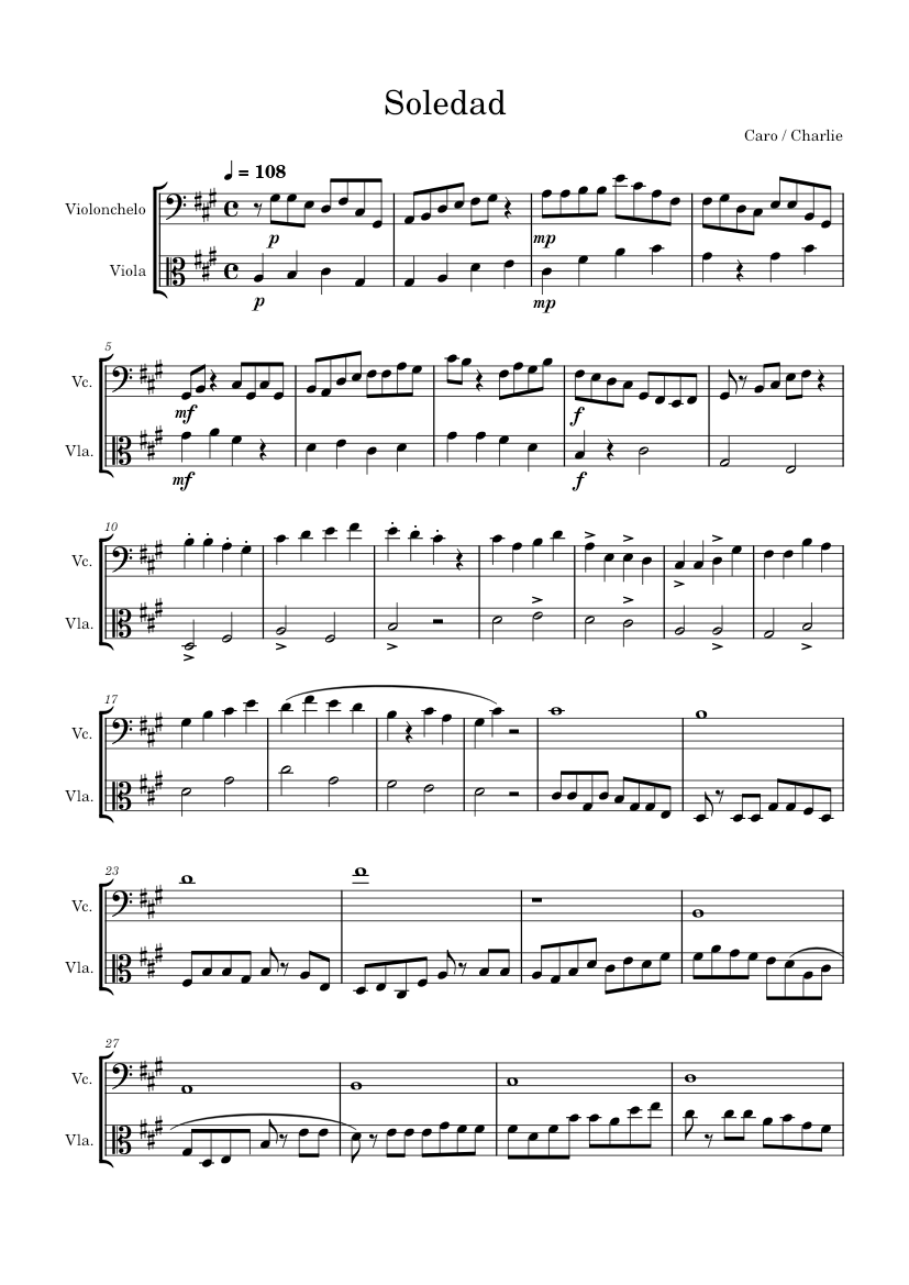 Soledad Sheet music for Viola, Cello (A Capella) | Musescore.com