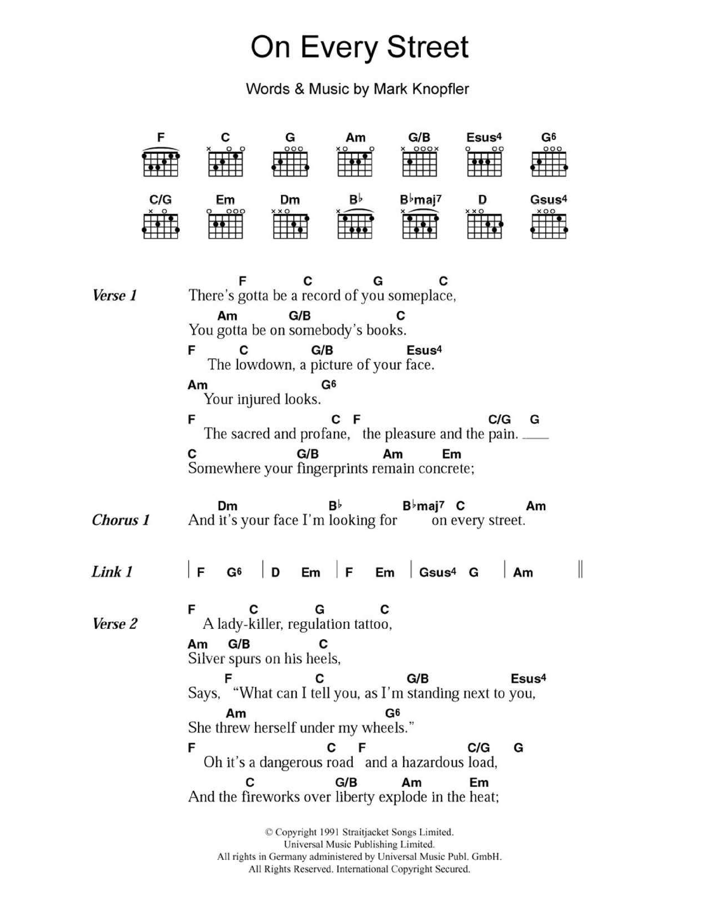 Play Official version of On every street sheet music by Dire Straits ...