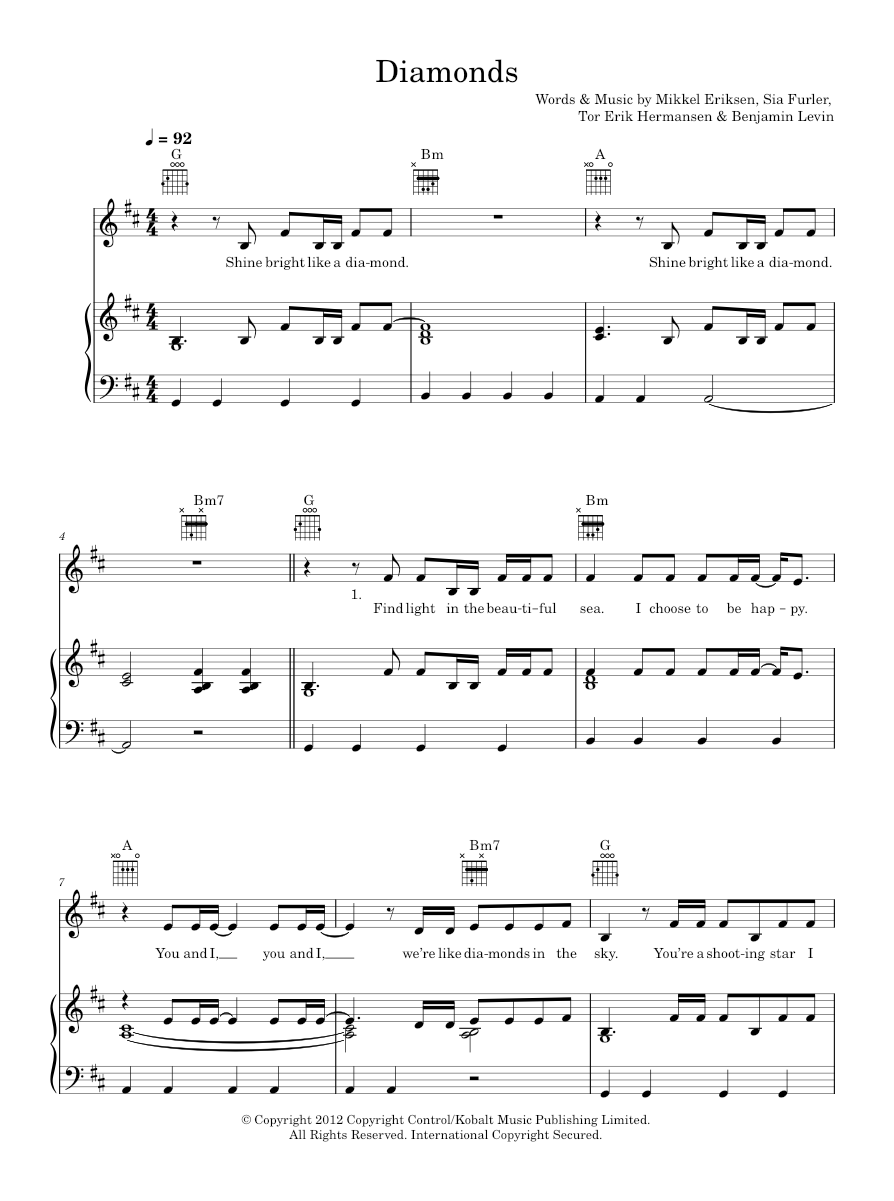 Play Official version of Diamonds Sheet Music by Rihanna for Piano ...