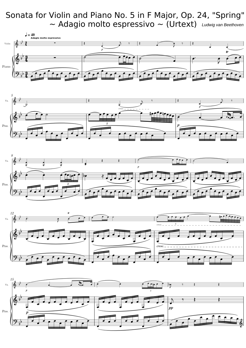 Violin Sonata No.5, Op.24 (Spring) - Adagio molto espressivo (Urtext) - Beethoven Sheet Music ...