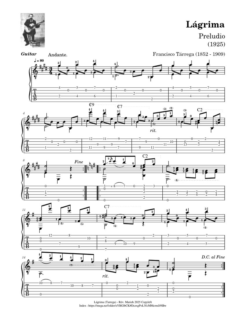 Lágrima - Francisco Tárrega (1852 - 1909) Tablature Sheet music for ...