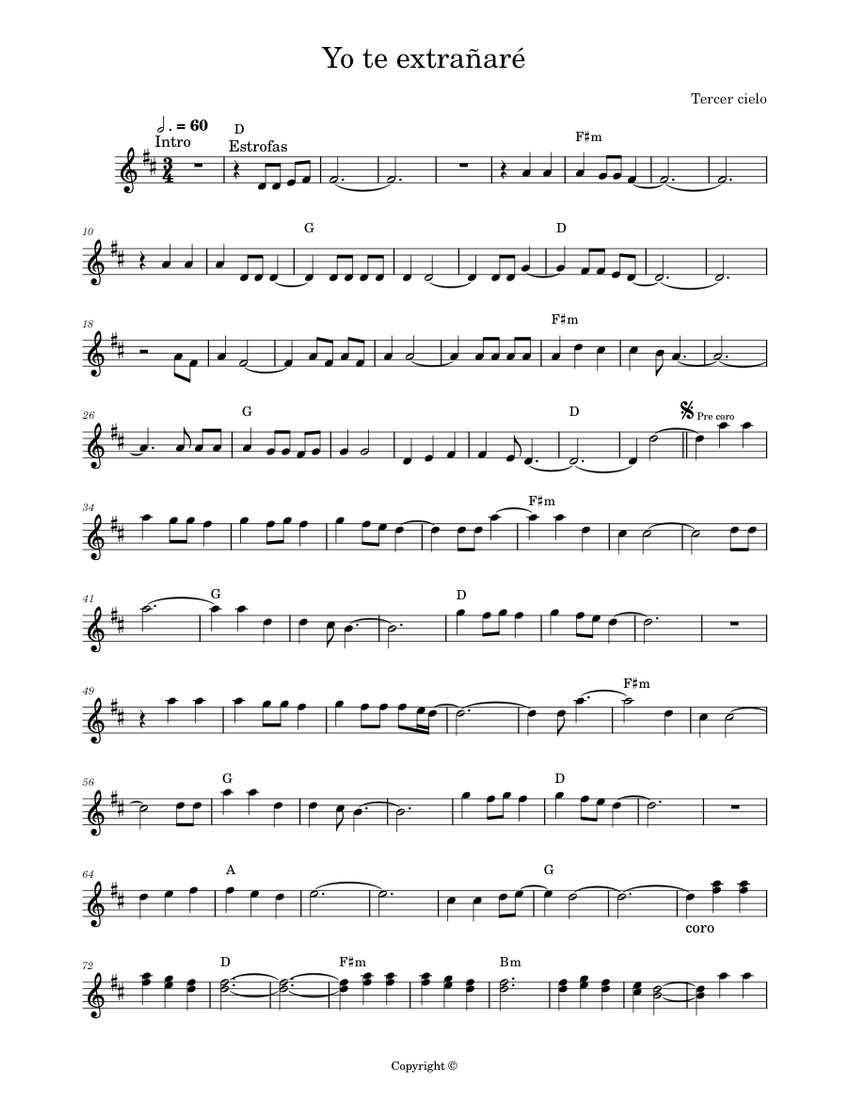 Yo te extrañaré – Tercer Cielo Yo te extrañaré Sheet music for Violin ...