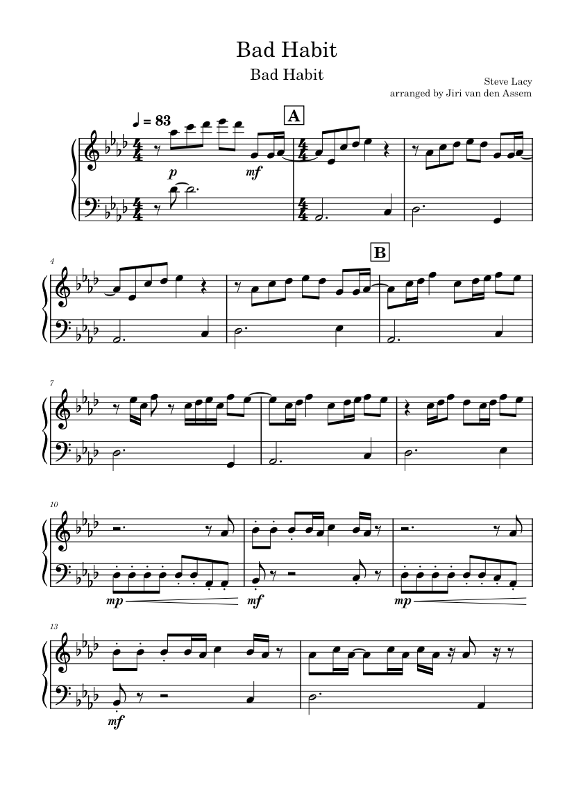 Bad Habit – Steve Lacy Sheet music for Piano (Solo) Easy | Musescore.com