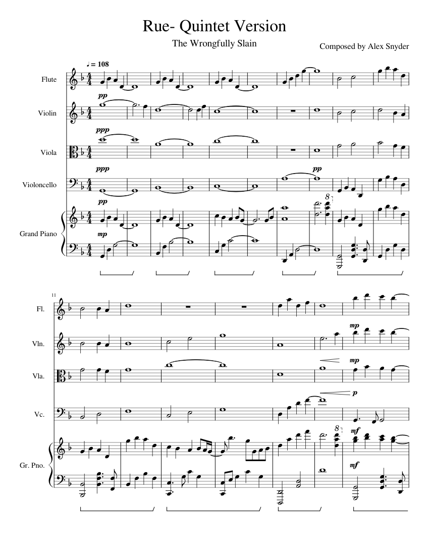 Rue- The Wrongfully Slain- Quintet Version Sheet music for Piano, Flute ...