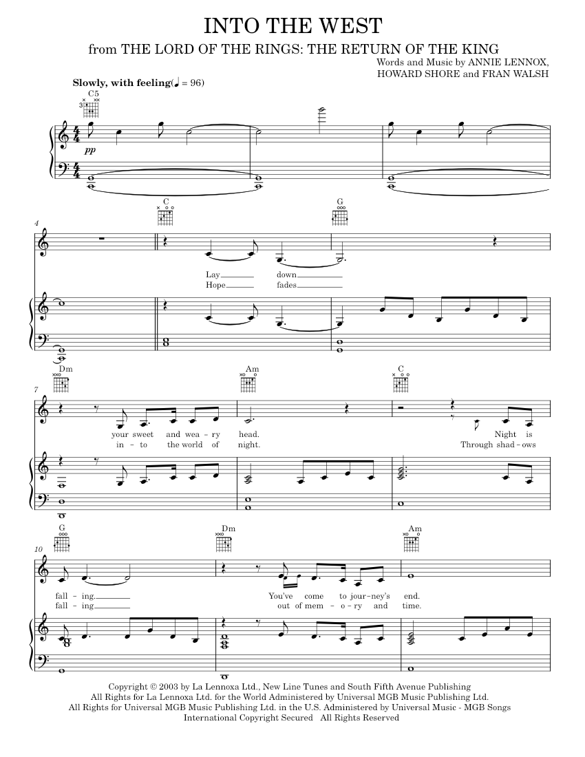Play Official version of Into the west Sheet Music by Annie Lennox for ...