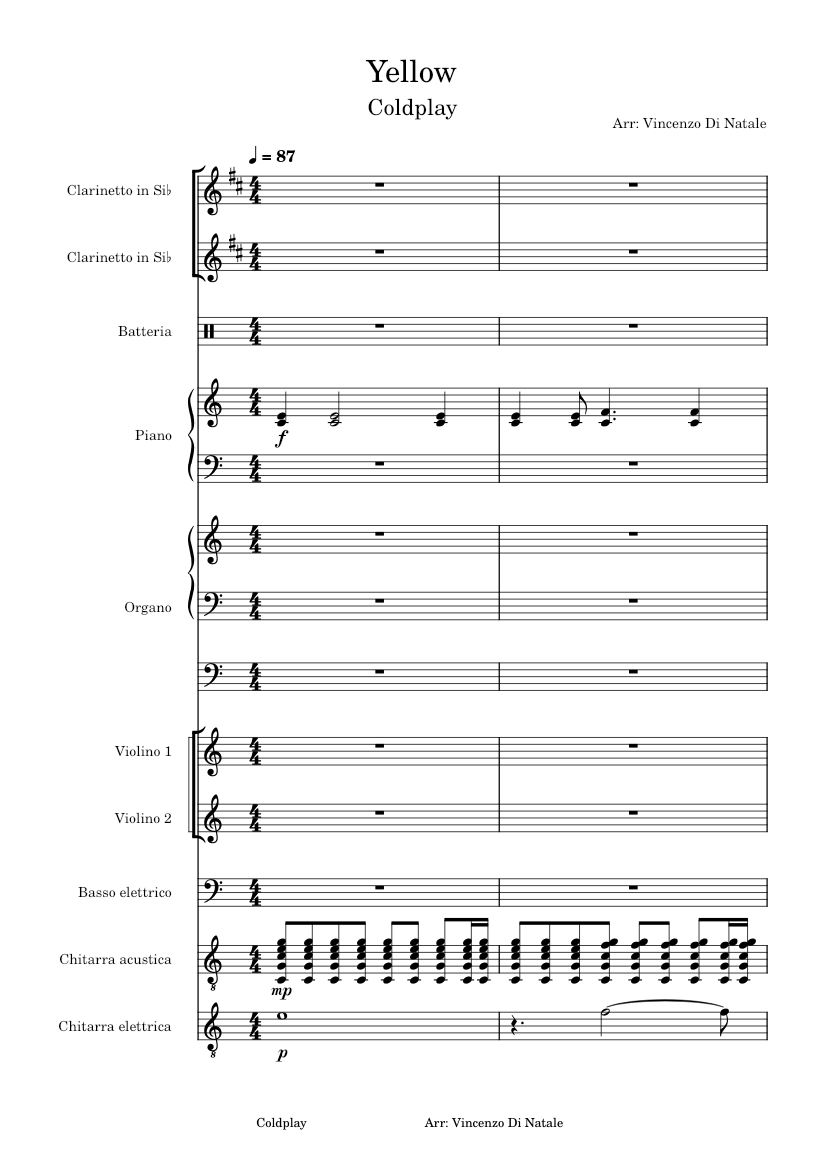 Yellow - Coldplay Sheet Music with Chords for Piano, Organ, Clarinet in ...