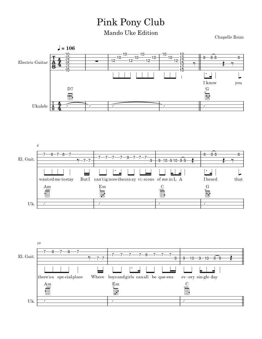 Pink Pony Club Sheet Music and Tab with Chords for Guitar (Mixed Duet ...