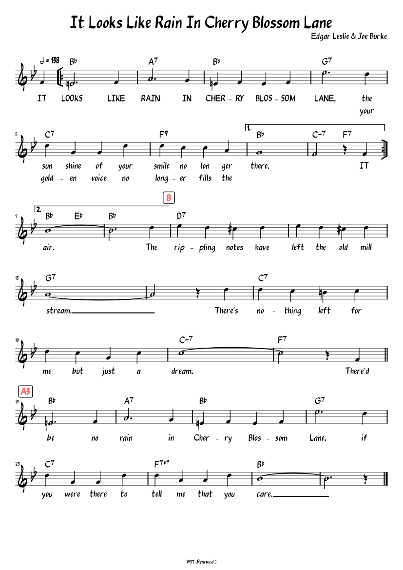 It Looks Like Rain In Cherry Blossom Lane (Lead sheet with lyrics ) Sheet Music with Chords for ...