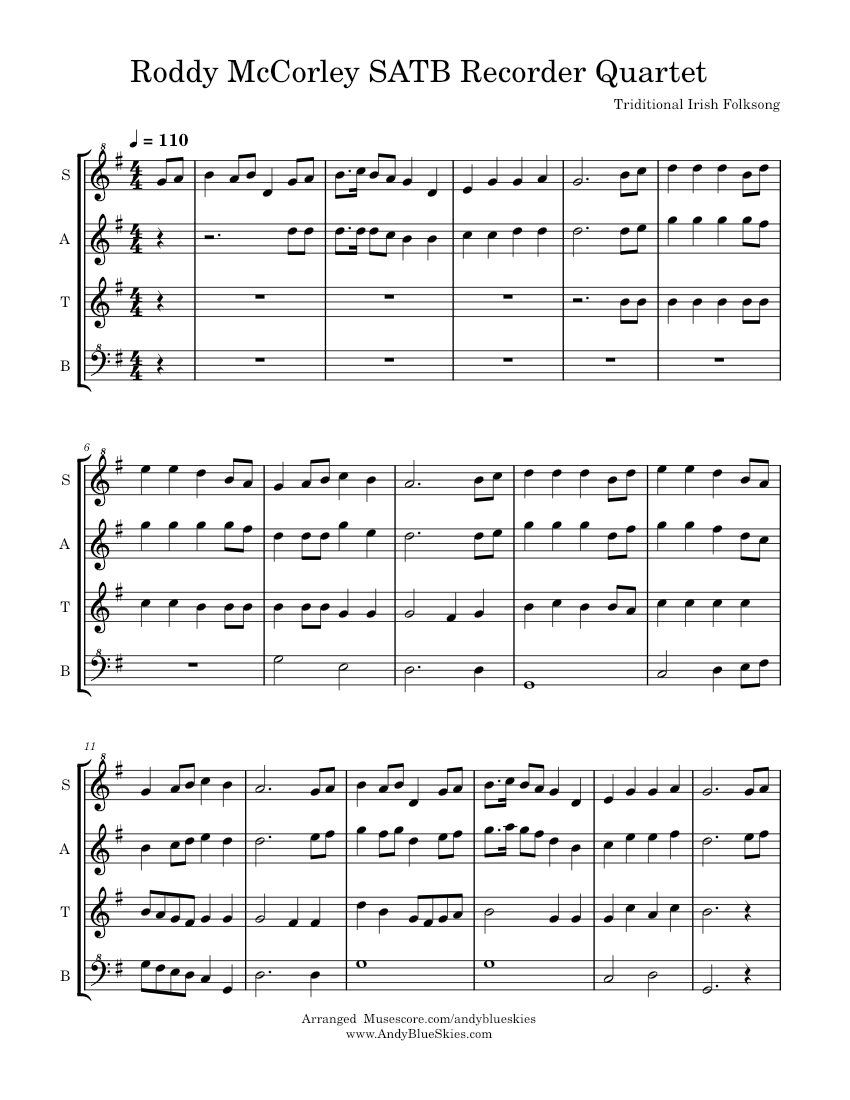 Roddy McCorley SATB Recorder Quartet Sheet Music for Recorder (Mixed ...