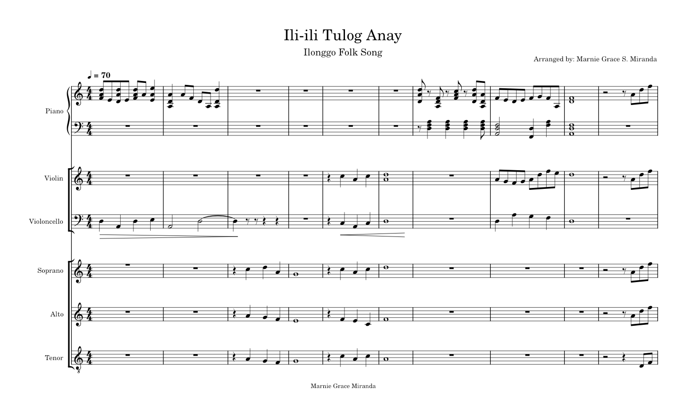 Ili-ili Tulog Anay (Ilonggo Folk Song) Sheet Music for Piano, Violin ...