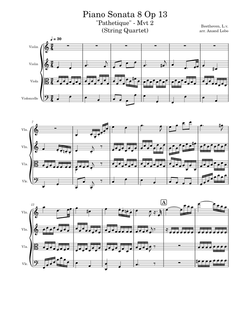 BEETHOVEN Piano Sonata No. 8 Op. 13 (Pathetique) Mvt 2 - String Quartet Sheet music for Violin ...
