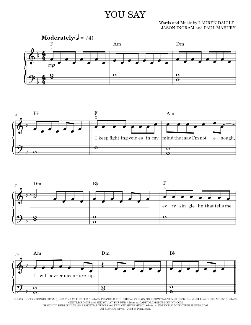 Play Official version of You Say Sheet Music by Lauren Daigle for Piano ...