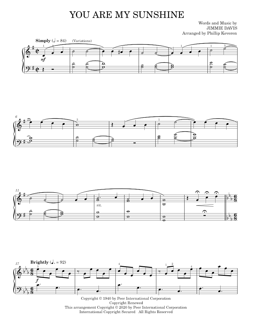 You Are My Sunshine [Classical version] (arr. Phillip Keveren) Sheet music for Piano by Duane ...