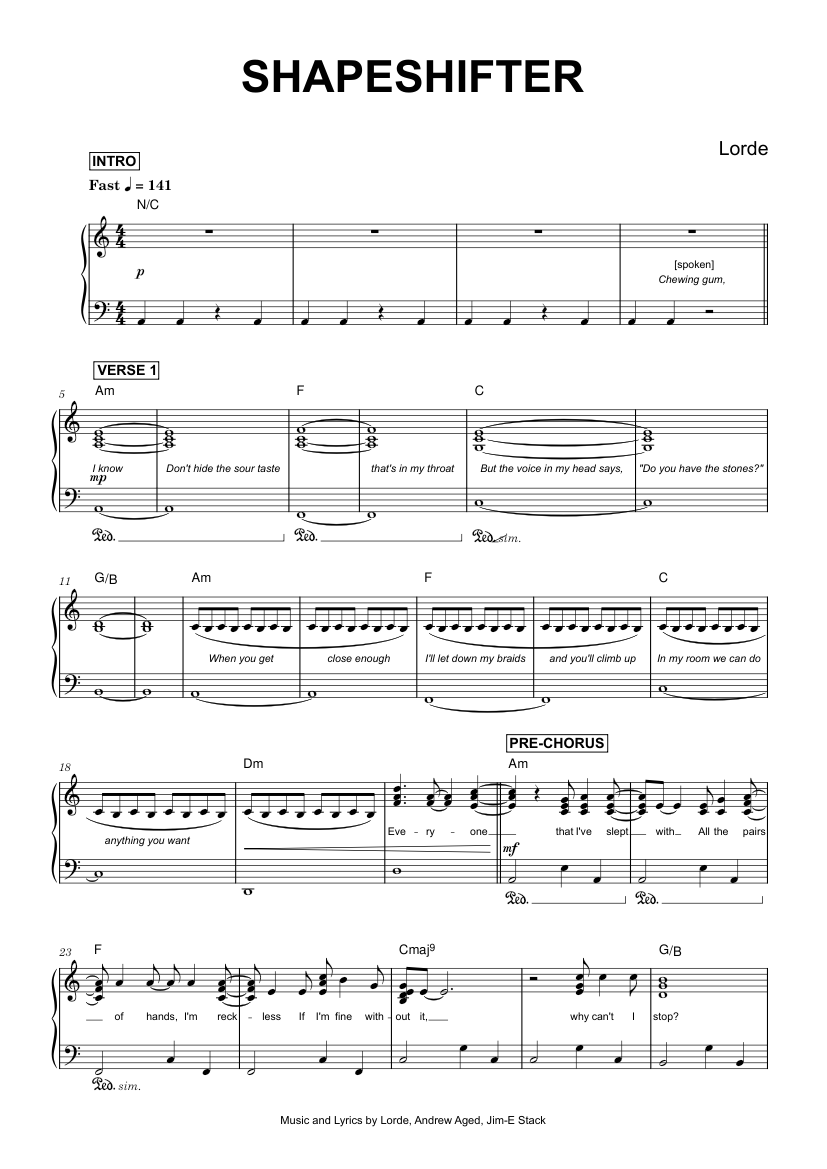 Play Official version of Shapeshifter Sheet Music by Lorde for Piano ...