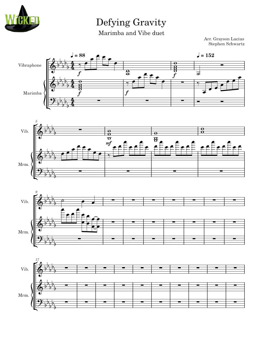 Defying Gravity - Composer Stephen Schwartz Sheet Music for Vibraphone ...